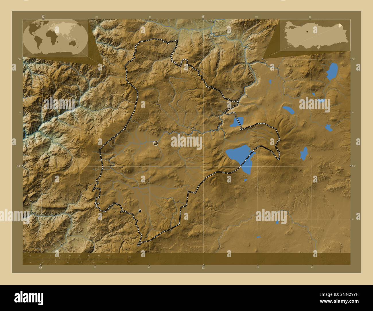 Ardahan, province of Turkiye. Colored elevation map with lakes and ...