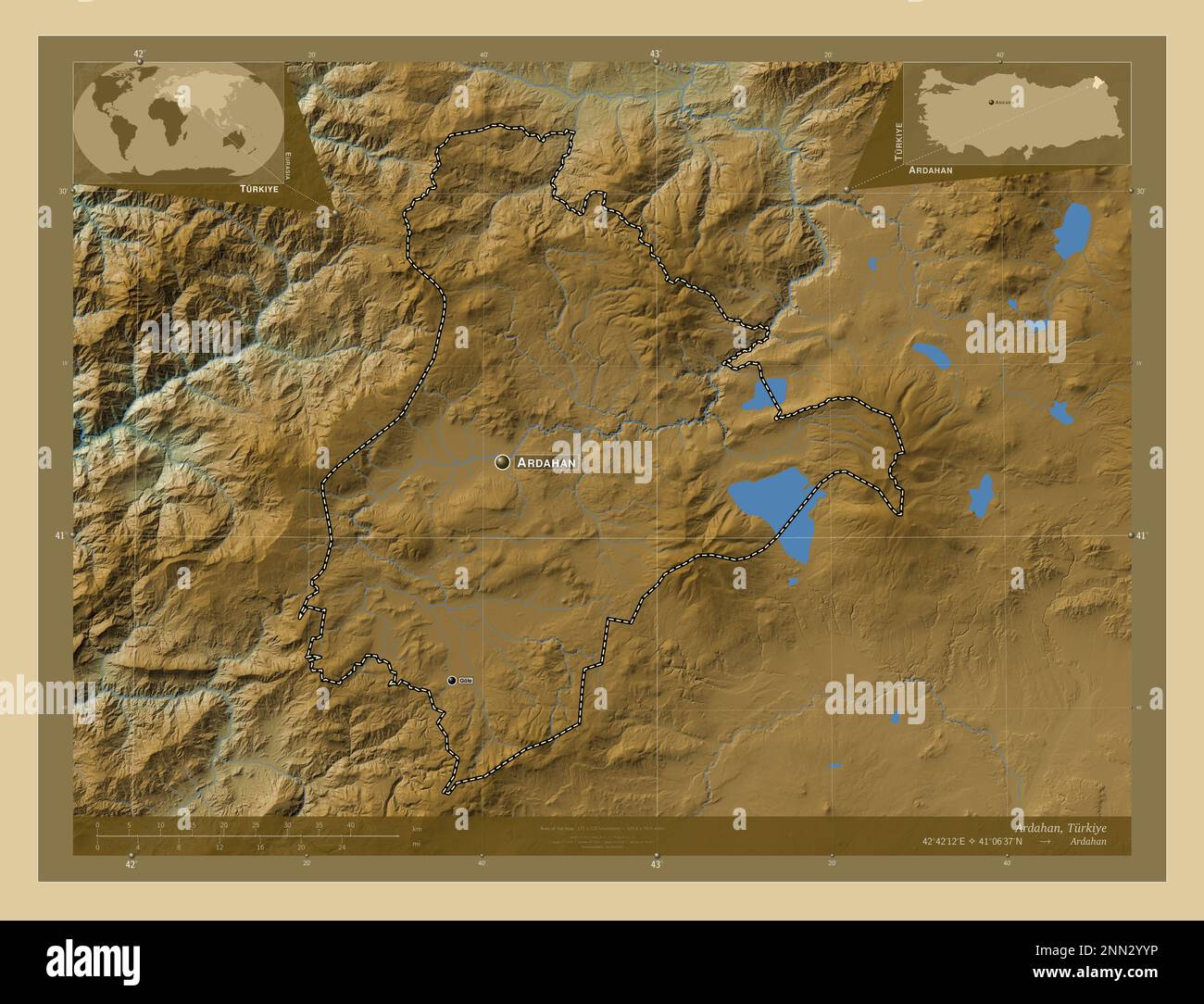 Ardahan, province of Turkiye. Colored elevation map with lakes and ...