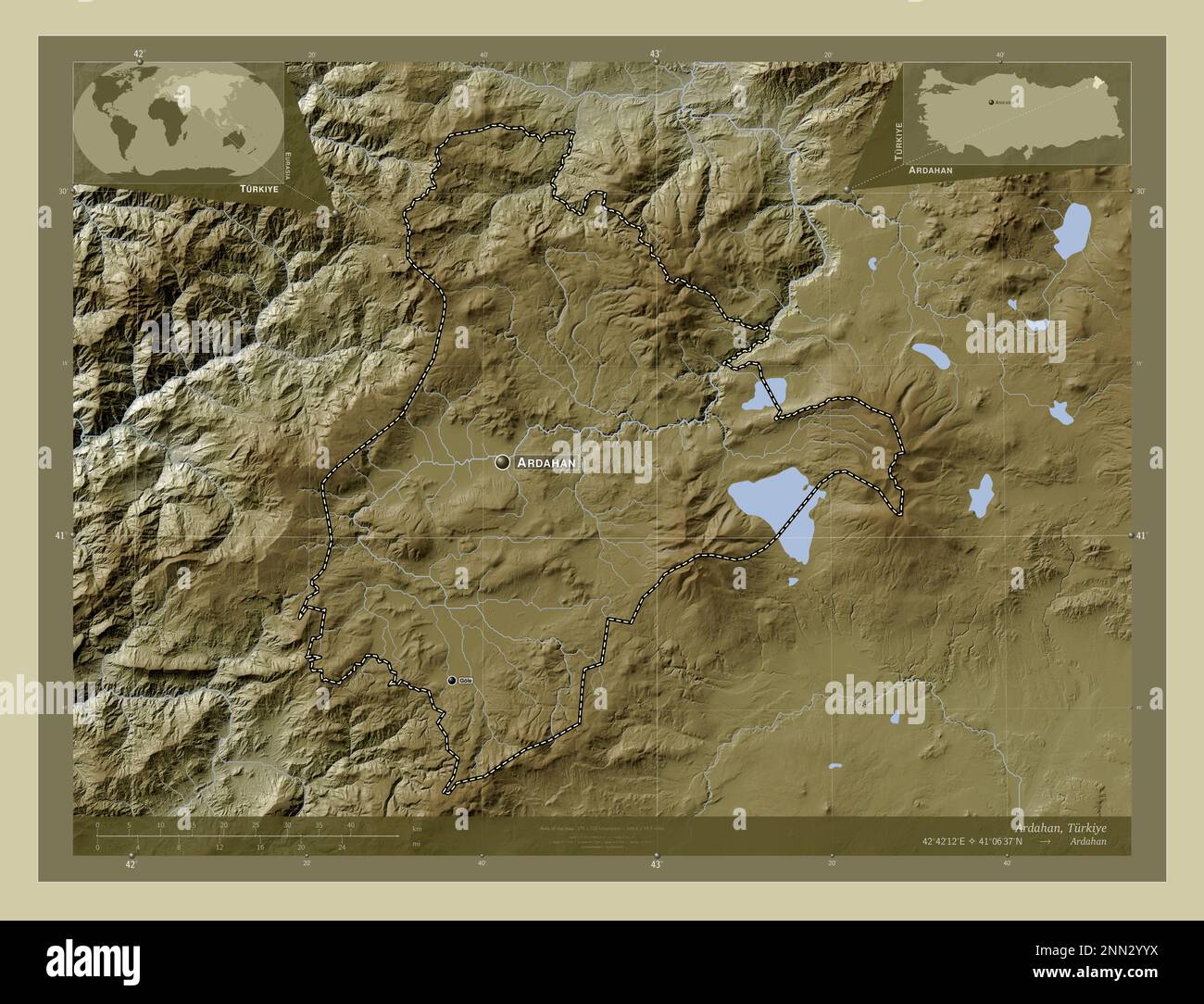 Ardahan, province of Turkiye. Elevation map colored in wiki style with ...