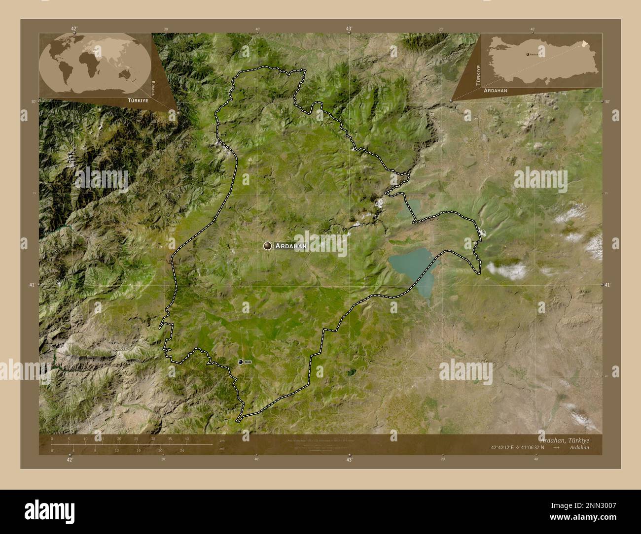 Ardahan, province of Turkiye. Low resolution satellite map. Locations ...
