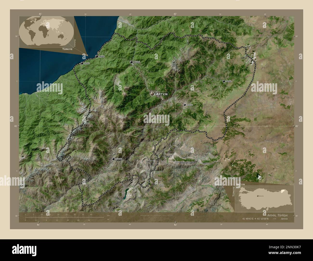 Artvin, province of Turkiye. High resolution satellite map. Locations ...