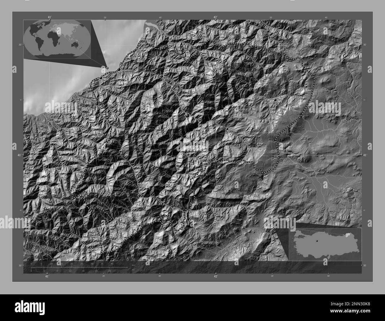 Artvin, province of Turkiye. Bilevel elevation map with lakes and ...