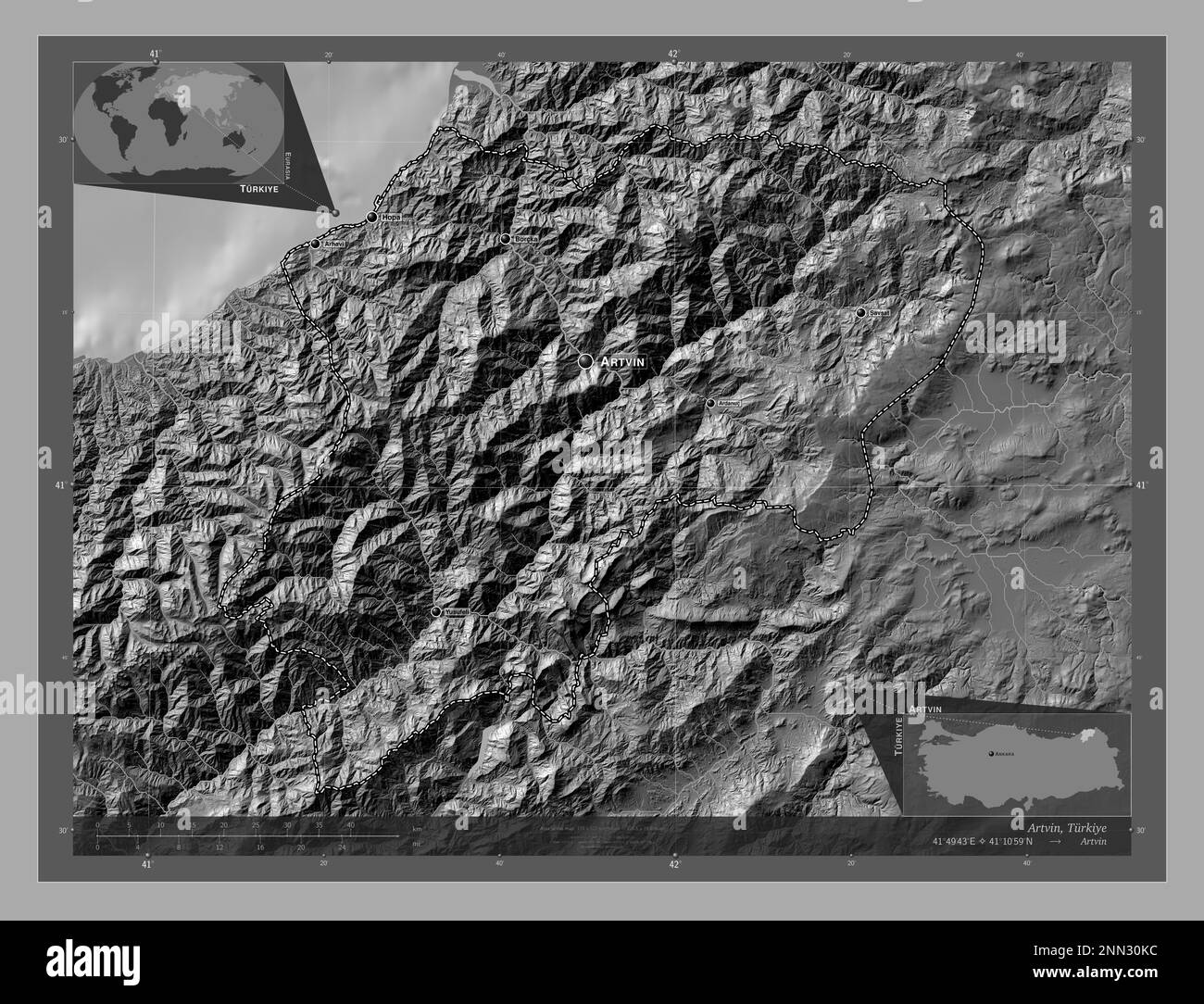 Artvin, province of Turkiye. Bilevel elevation map with lakes and ...