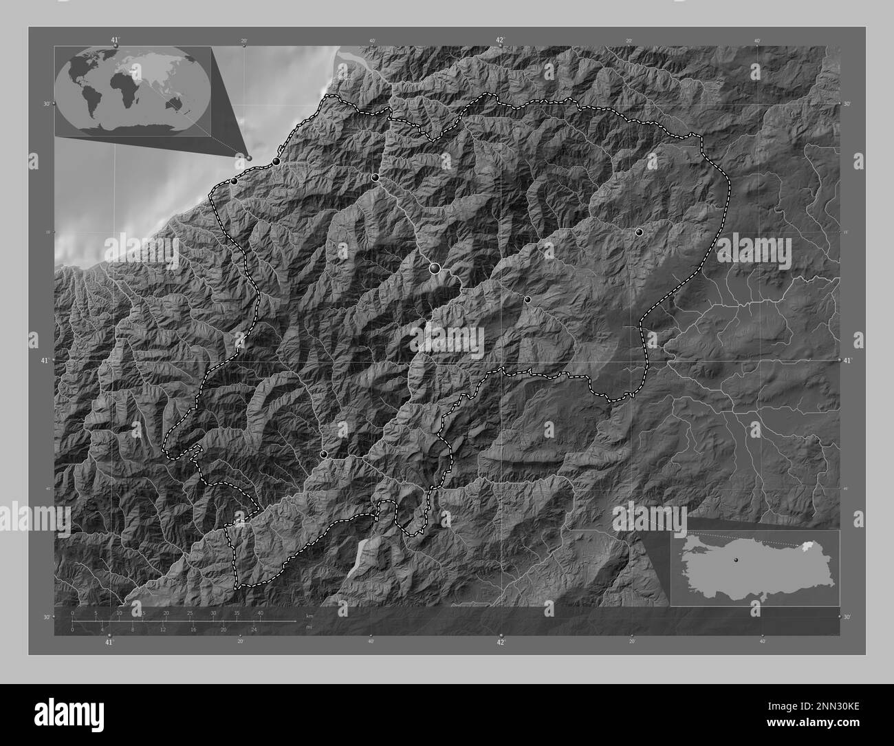 Artvin, province of Turkiye. Grayscale elevation map with lakes and ...