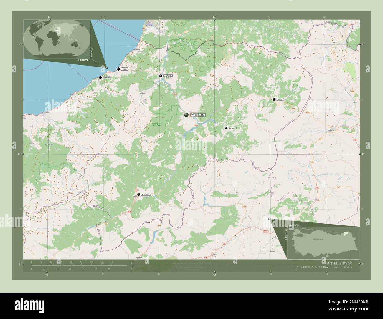 Artvin, province of Turkiye. Open Street Map. Locations and names of ...