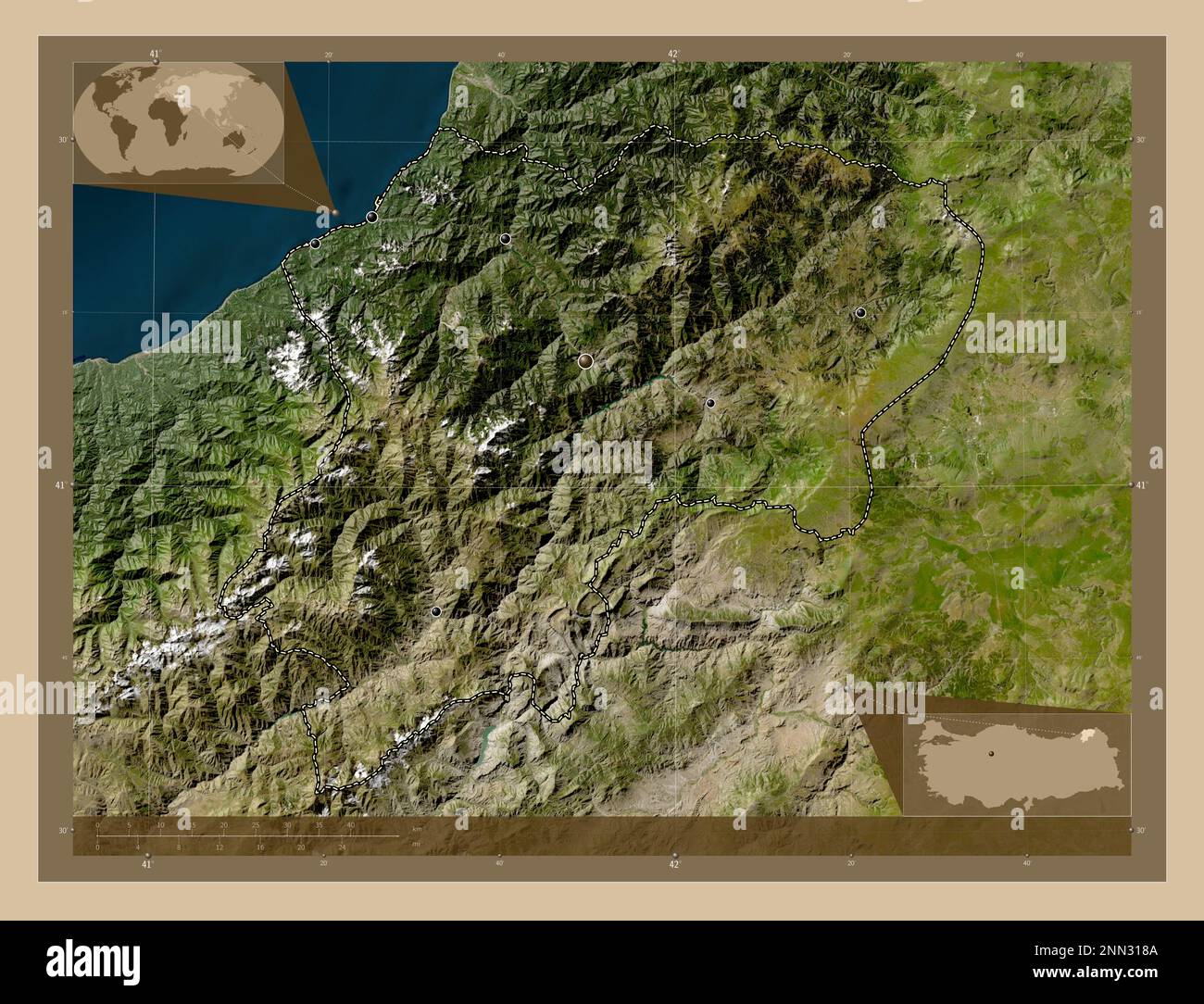 Artvin, province of Turkiye. Low resolution satellite map. Locations of ...