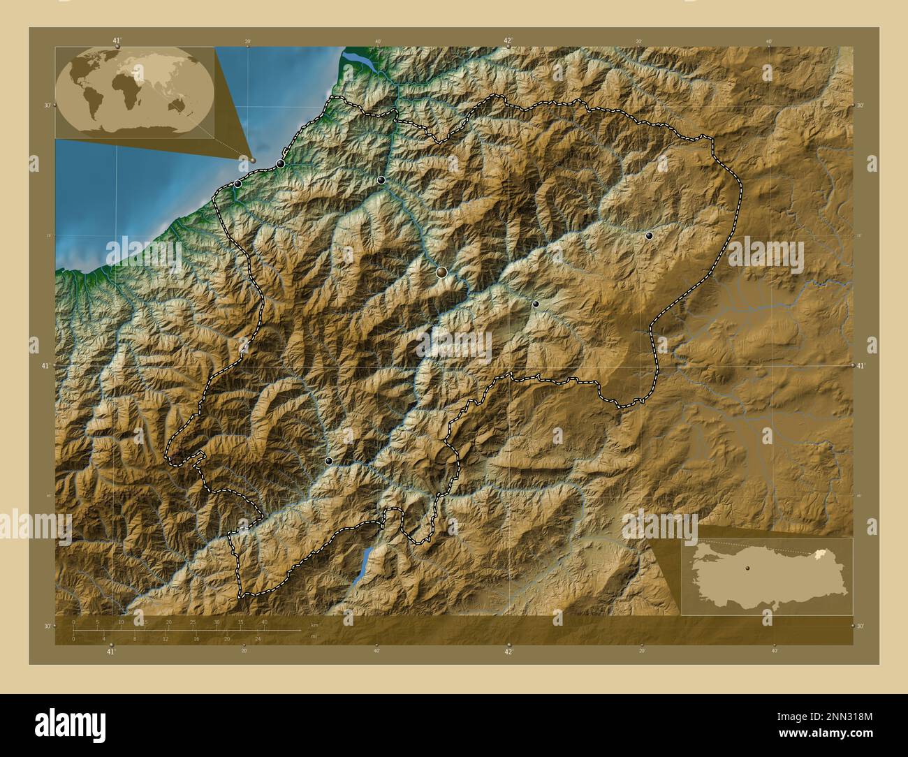 Artvin, province of Turkiye. Colored elevation map with lakes and ...