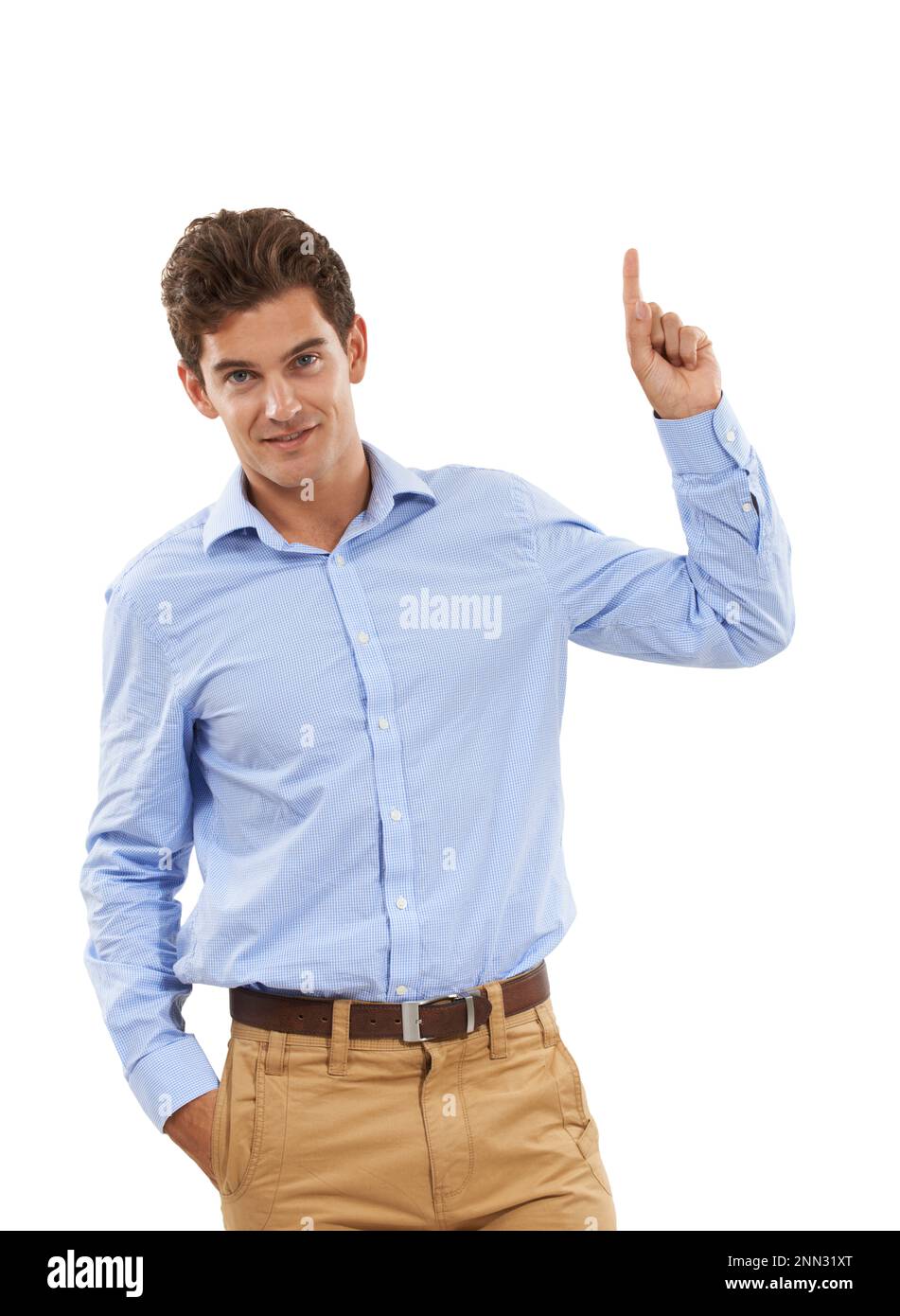 Portrait, smile and man isolated, pointing up at space for product ...