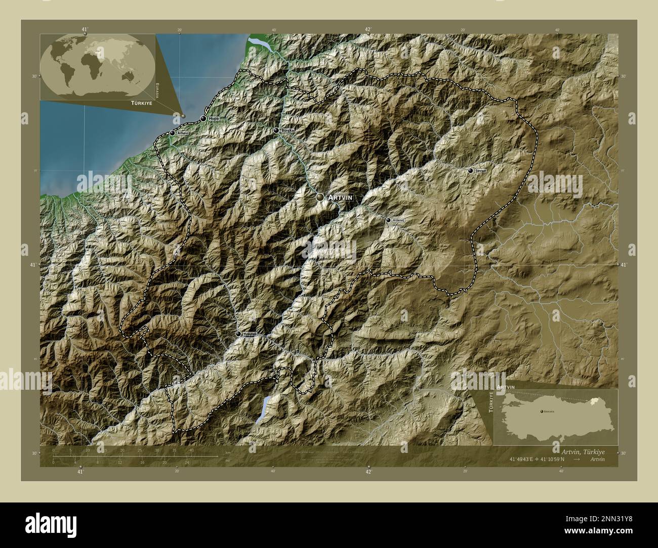 Artvin, province of Turkiye. Elevation map colored in wiki style with ...