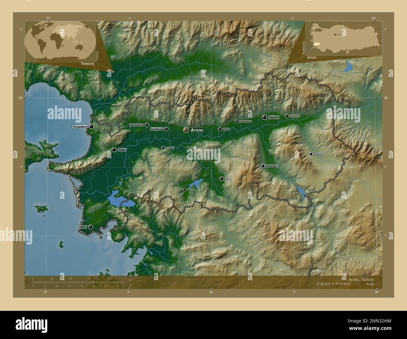 Aydin, province of Turkiye. Colored elevation map with lakes and rivers ...