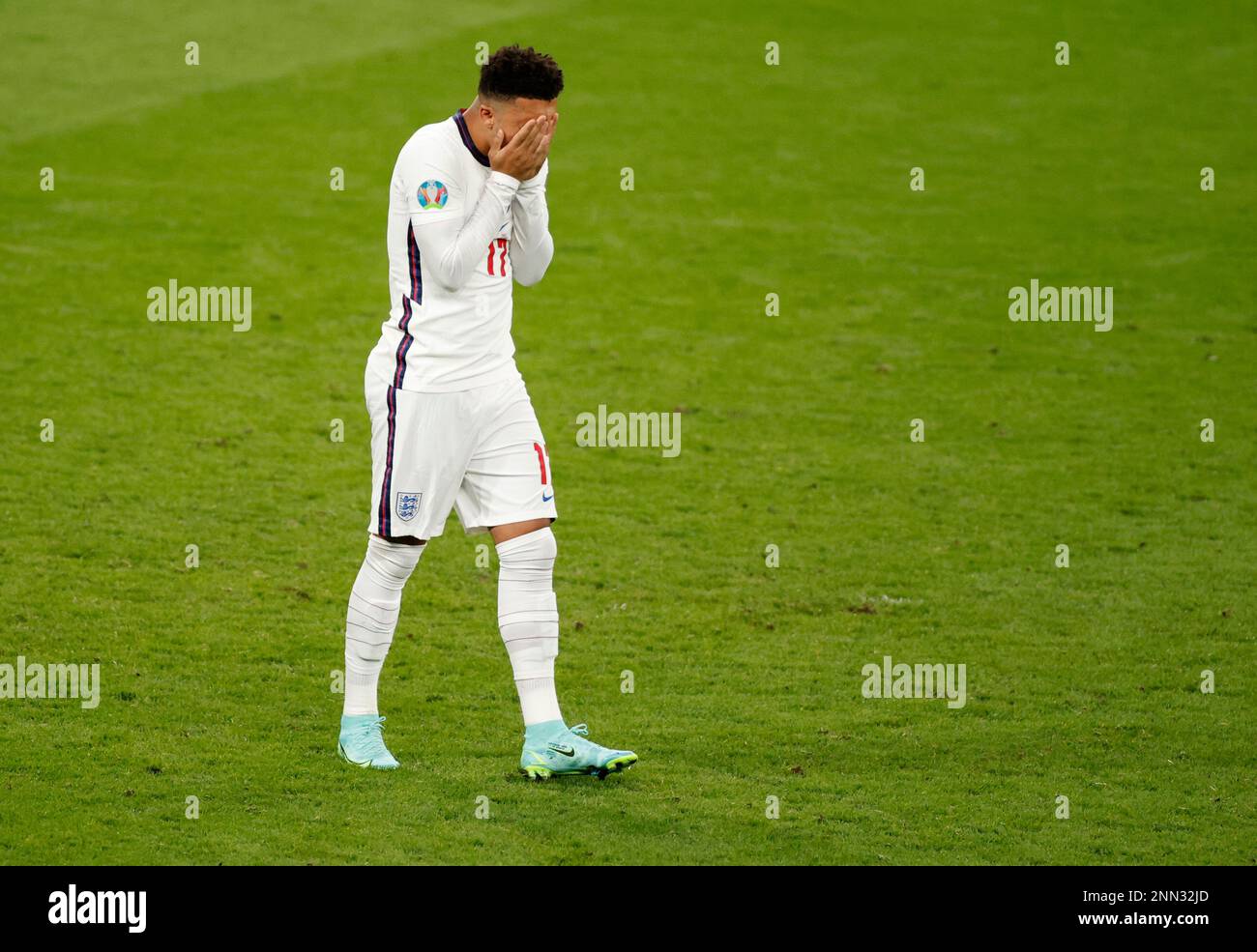 England's Jadon Sancho reacts during a penalty shootout at the Euro ...