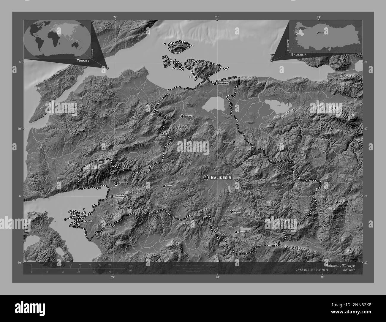 Balikesir, province of Turkiye. Bilevel elevation map with lakes and ...