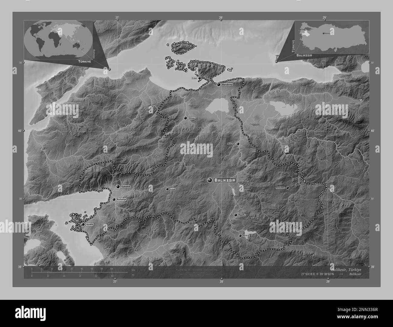 Balikesir, province of Turkiye. Grayscale elevation map with lakes and ...