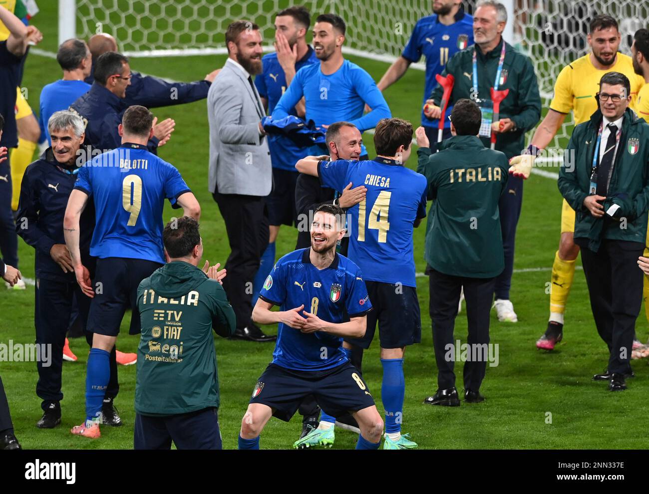 Italian players celebrate at the end of the Euro 2020 final soccer ...