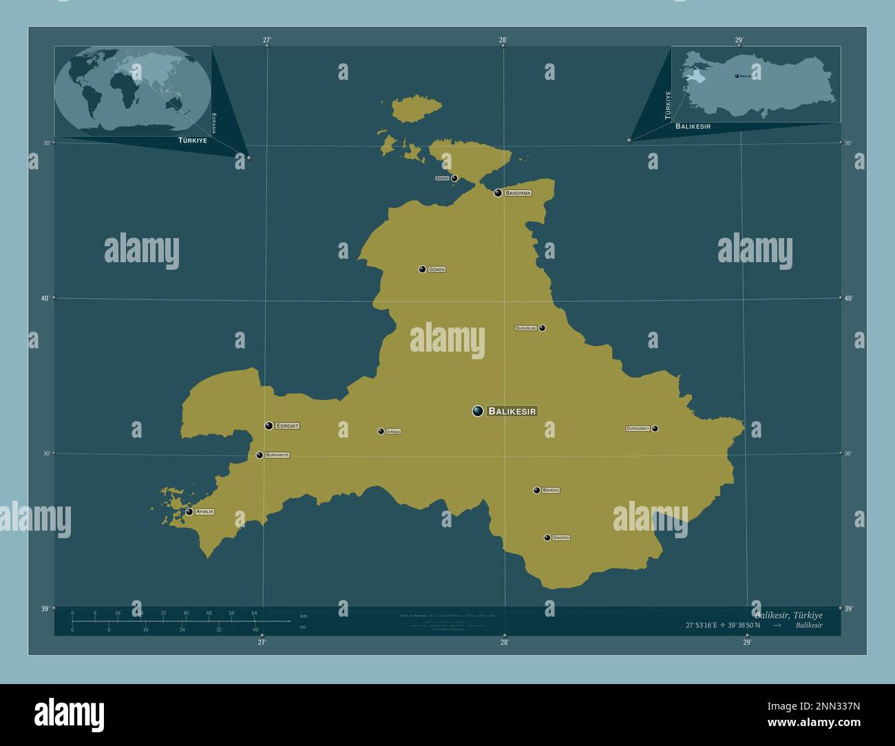 Balikesir, province of Turkiye. Solid color shape. Locations and names ...