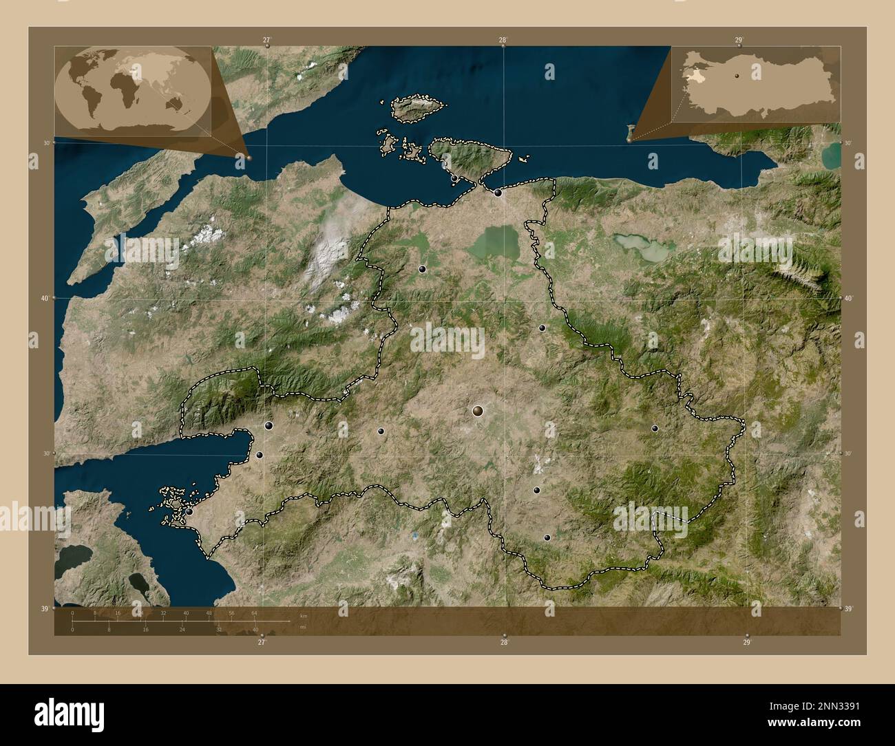 Balikesir, province of Turkiye. Low resolution satellite map. Locations ...