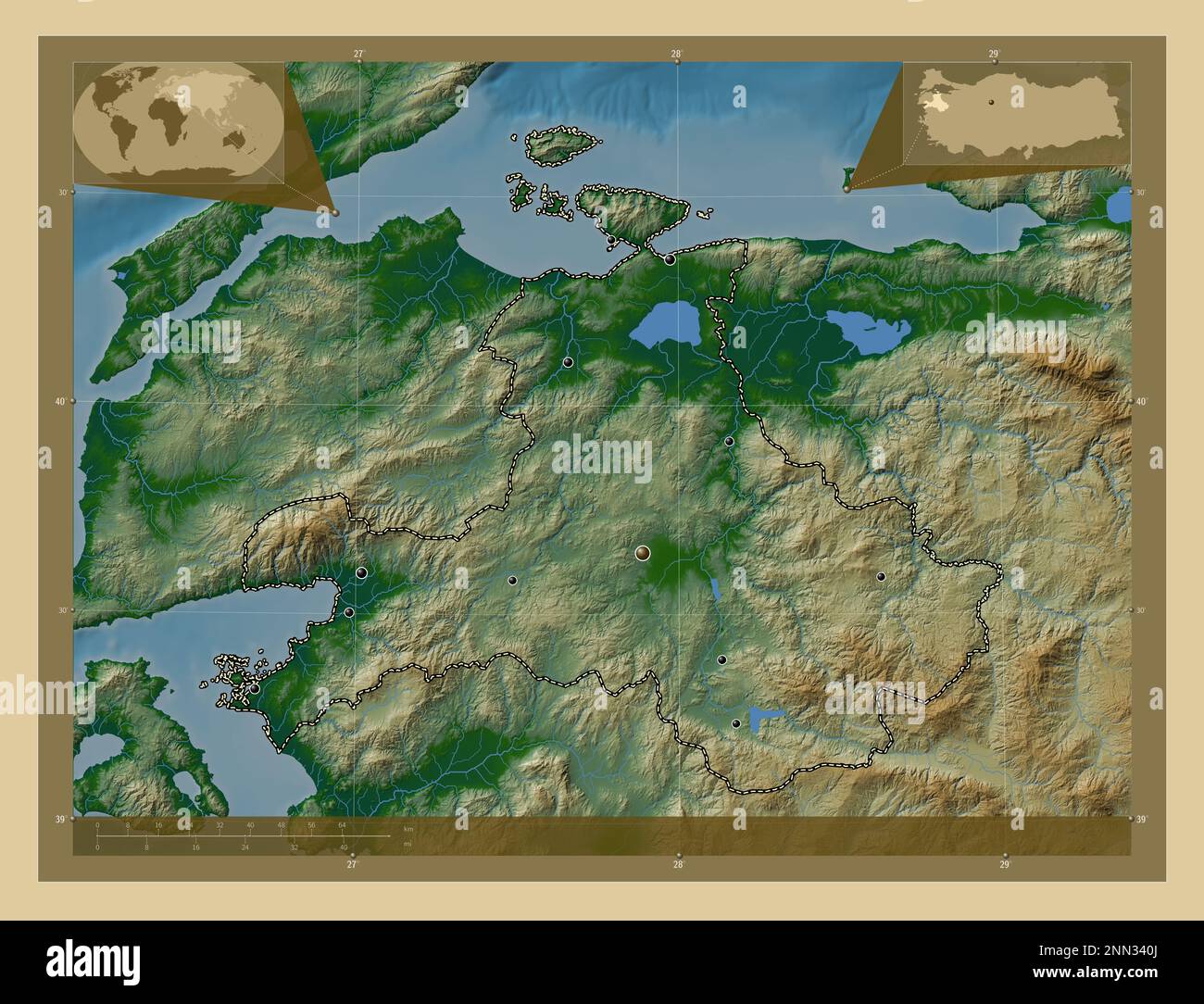 Balikesir, province of Turkiye. Colored elevation map with lakes and ...