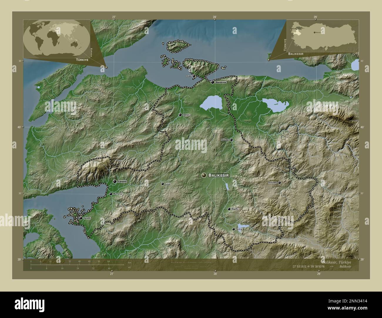 Balikesir, province of Turkiye. Elevation map colored in wiki style ...