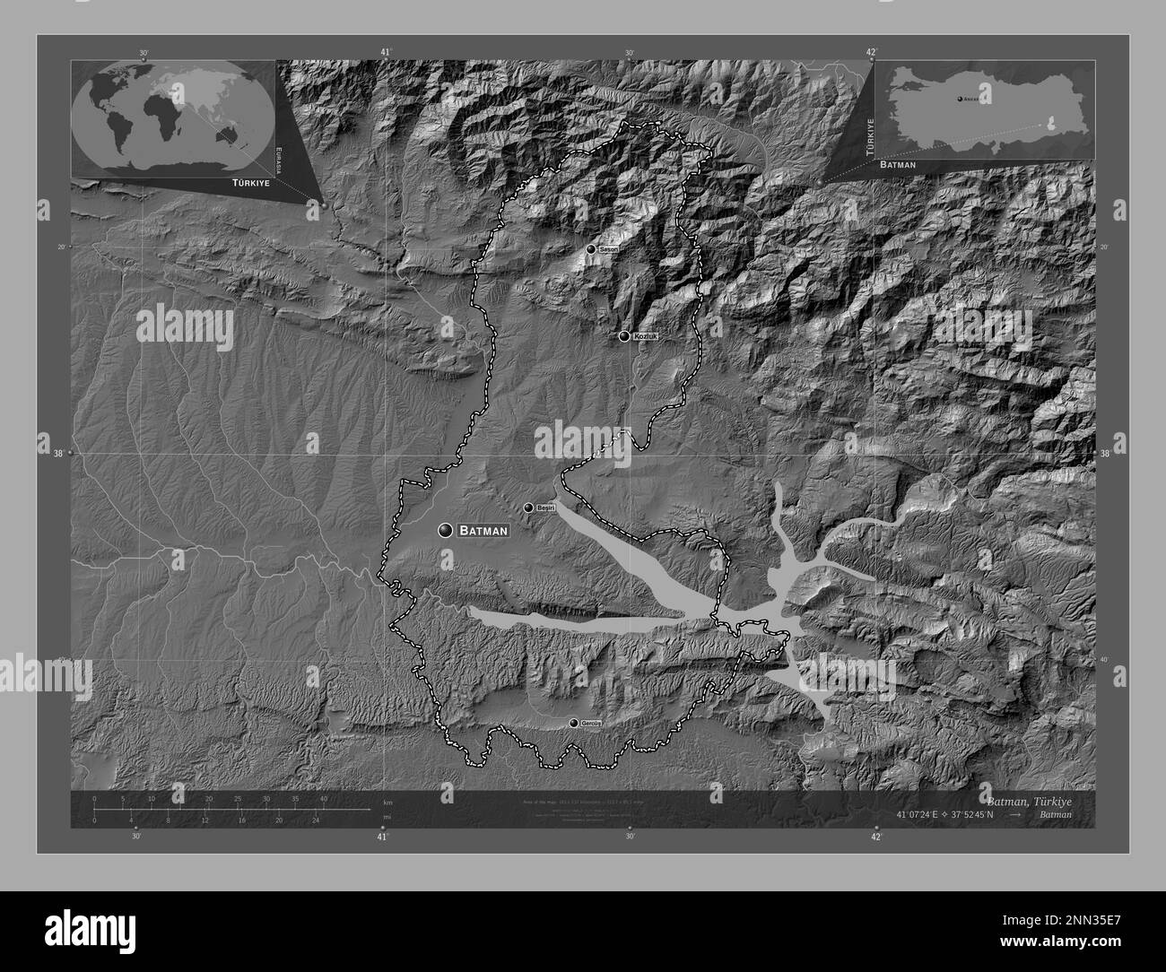 Batman, province of Turkiye. Bilevel elevation map with lakes and ...