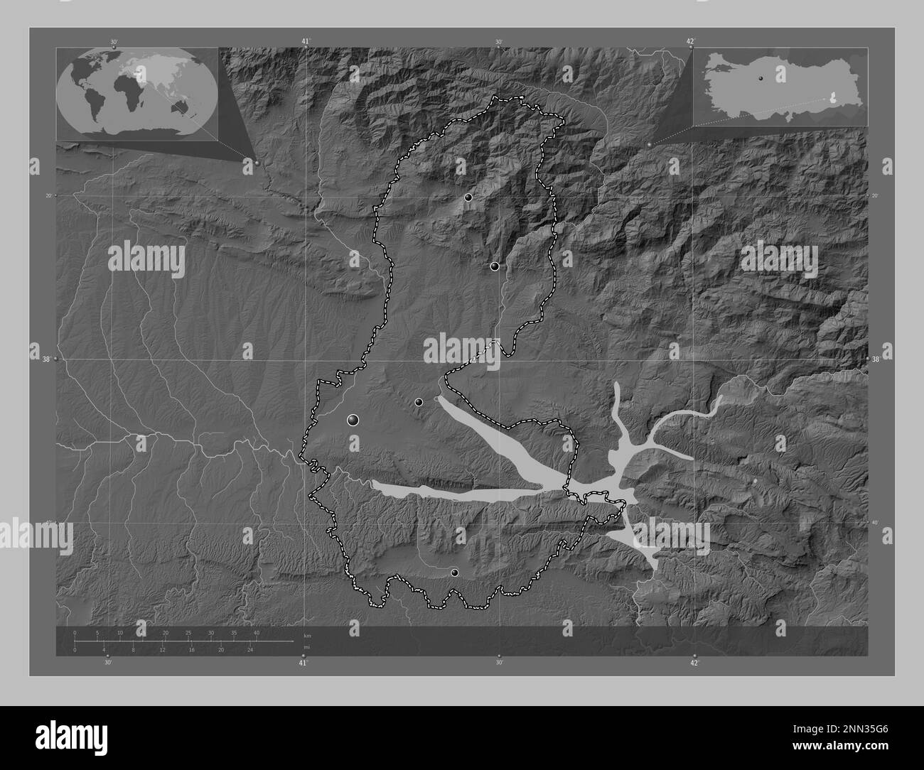 Batman, province of Turkiye. Grayscale elevation map with lakes and ...