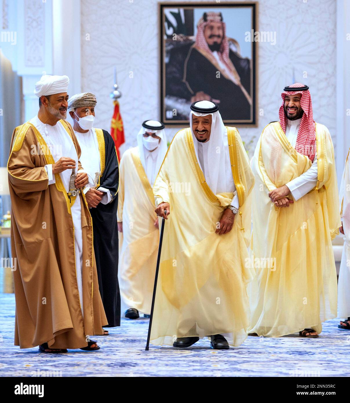 In this photo released by Saudi Royal Palace, Saudi King Salman, center ...