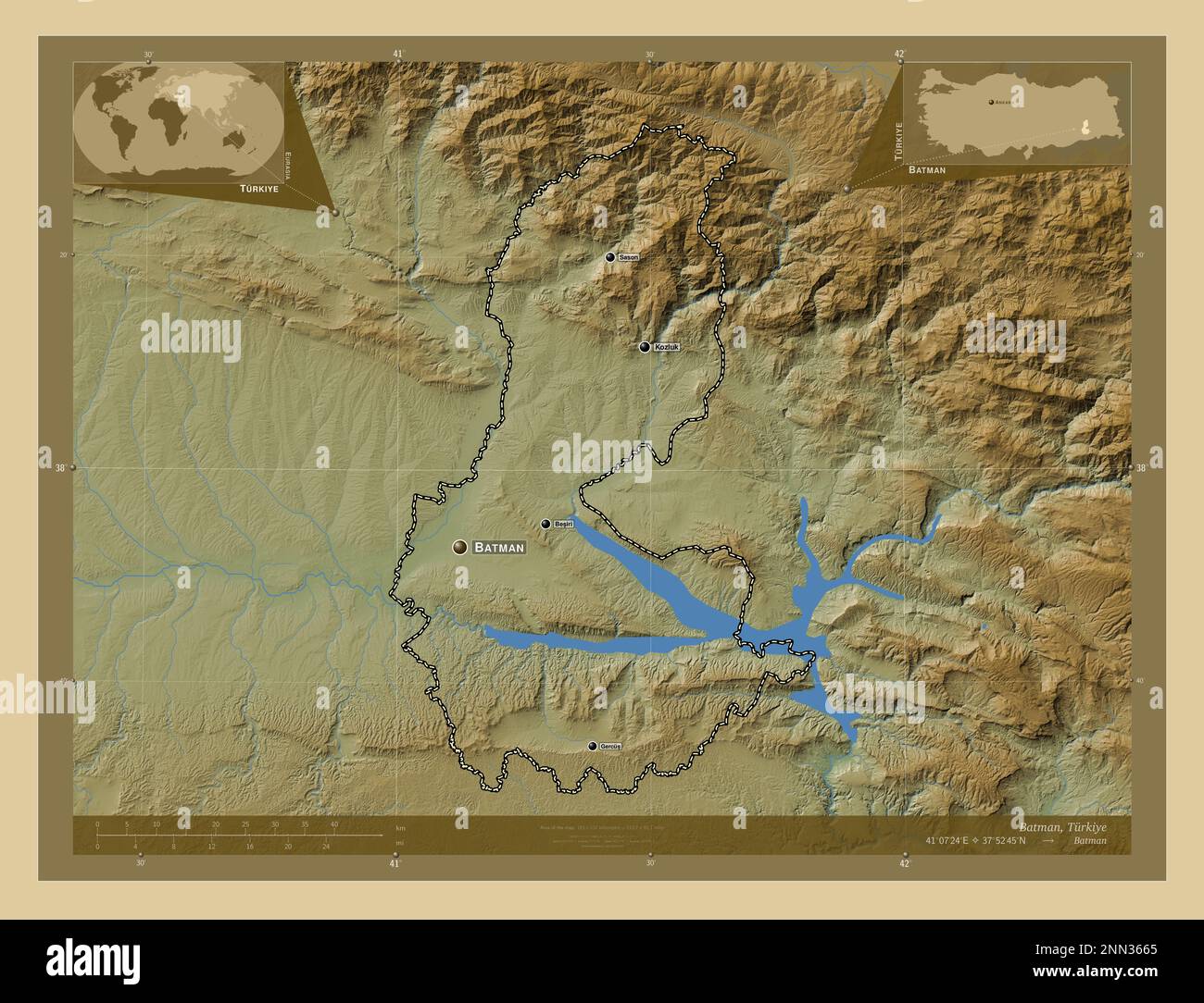 Batman, province of Turkiye. Colored elevation map with lakes and ...