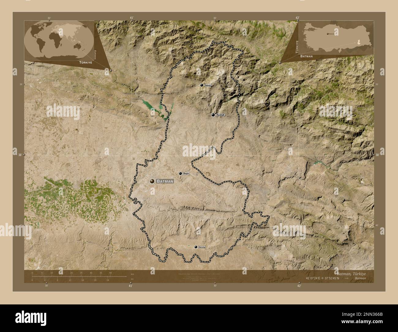 Batman, province of Turkiye. Low resolution satellite map. Locations ...