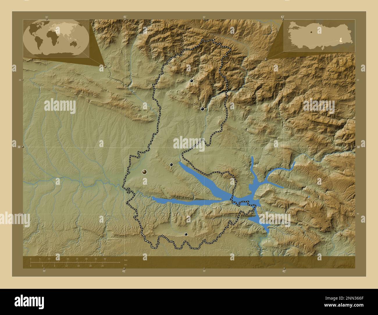 Batman, province of Turkiye. Colored elevation map with lakes and ...