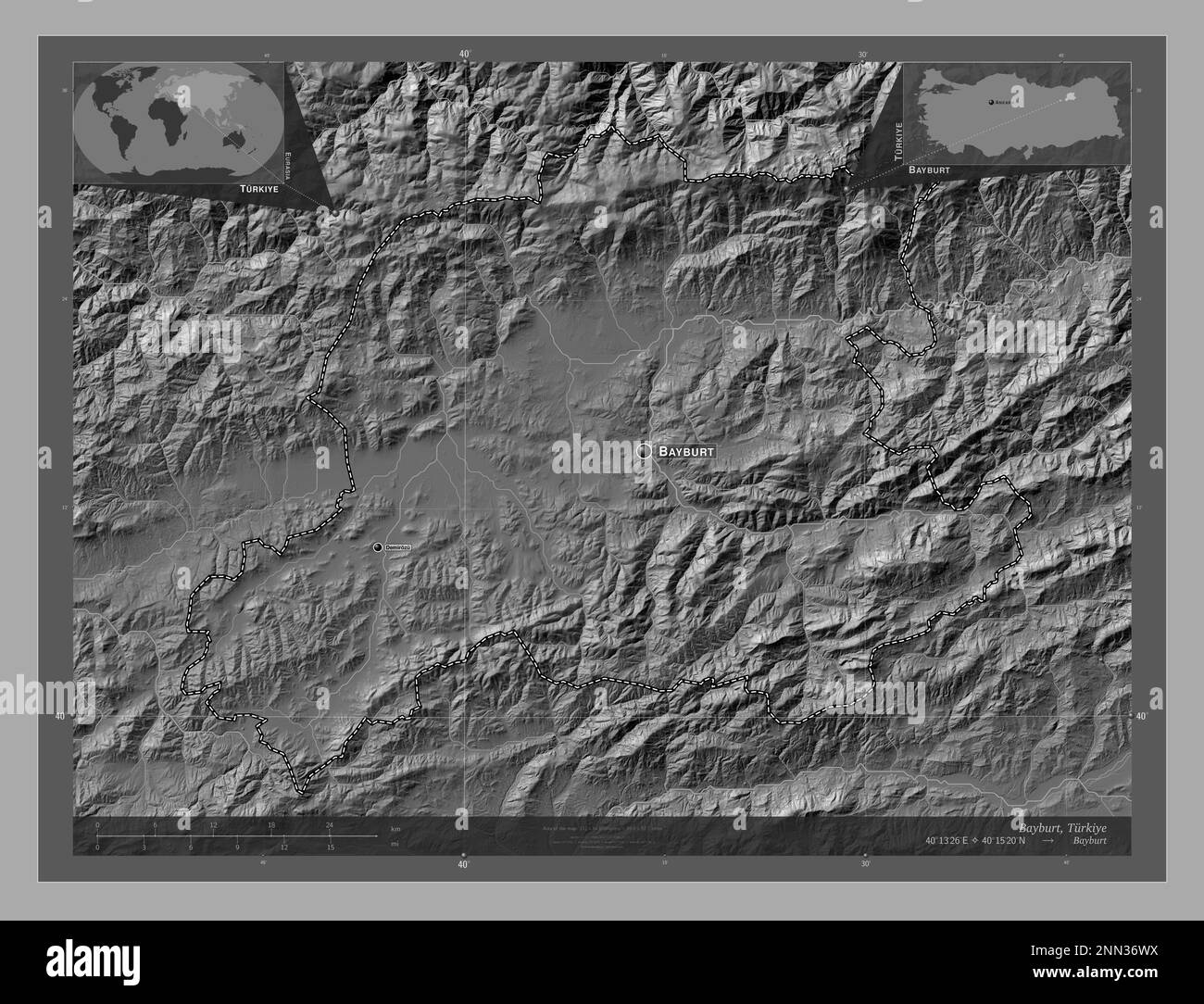 Bayburt, province of Turkiye. Bilevel elevation map with lakes and ...