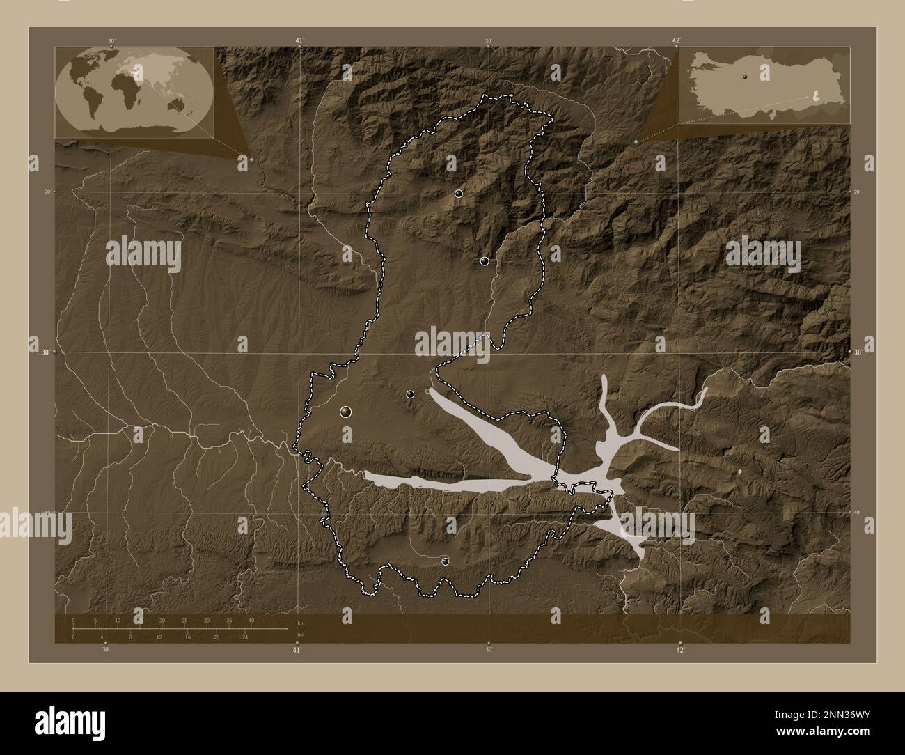 Batman, province of Turkiye. Elevation map colored in sepia tones with ...