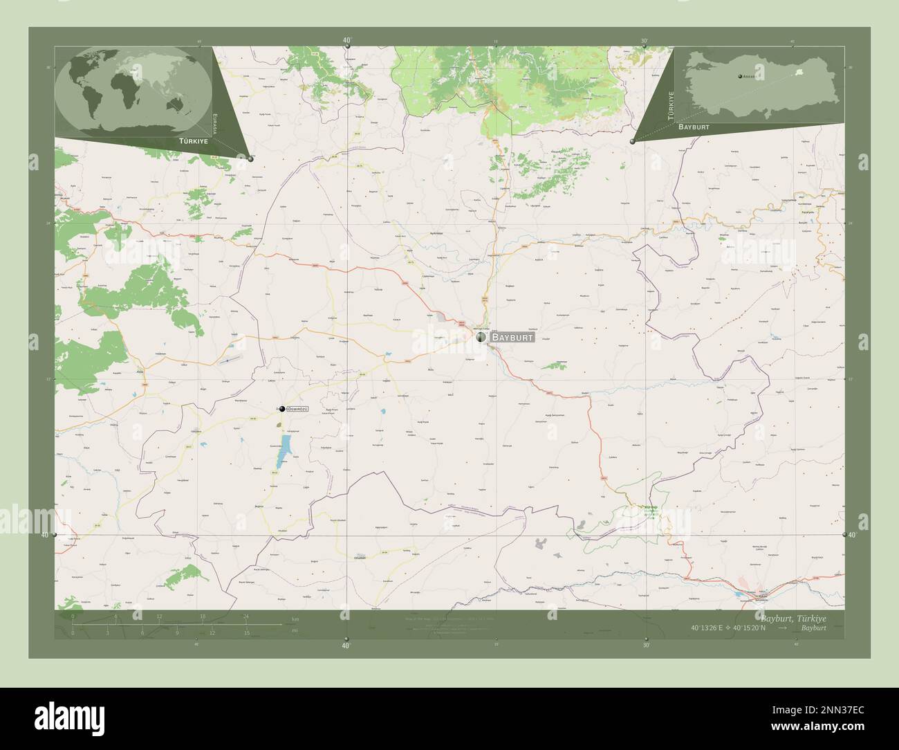 Bayburt, province of Turkiye. Open Street Map. Locations and names of major cities of the region ...
