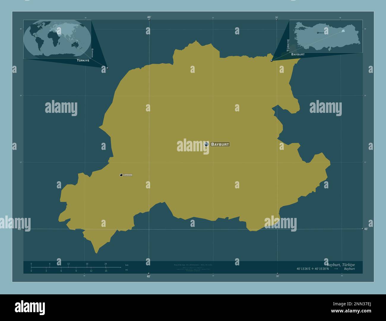 Bayburt, province of Turkiye. Solid color shape. Locations and names of ...
