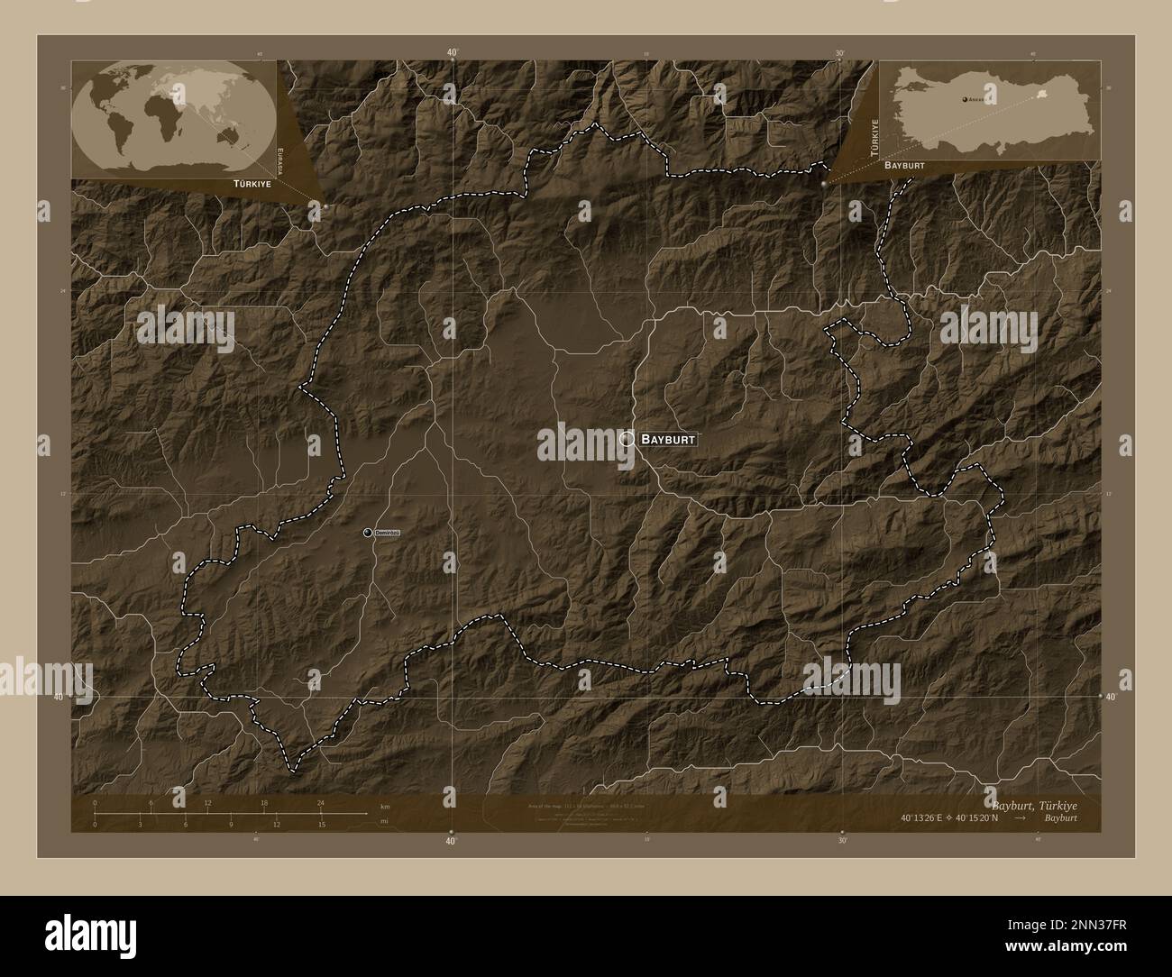 Bayburt, province of Turkiye. Elevation map colored in sepia tones with ...