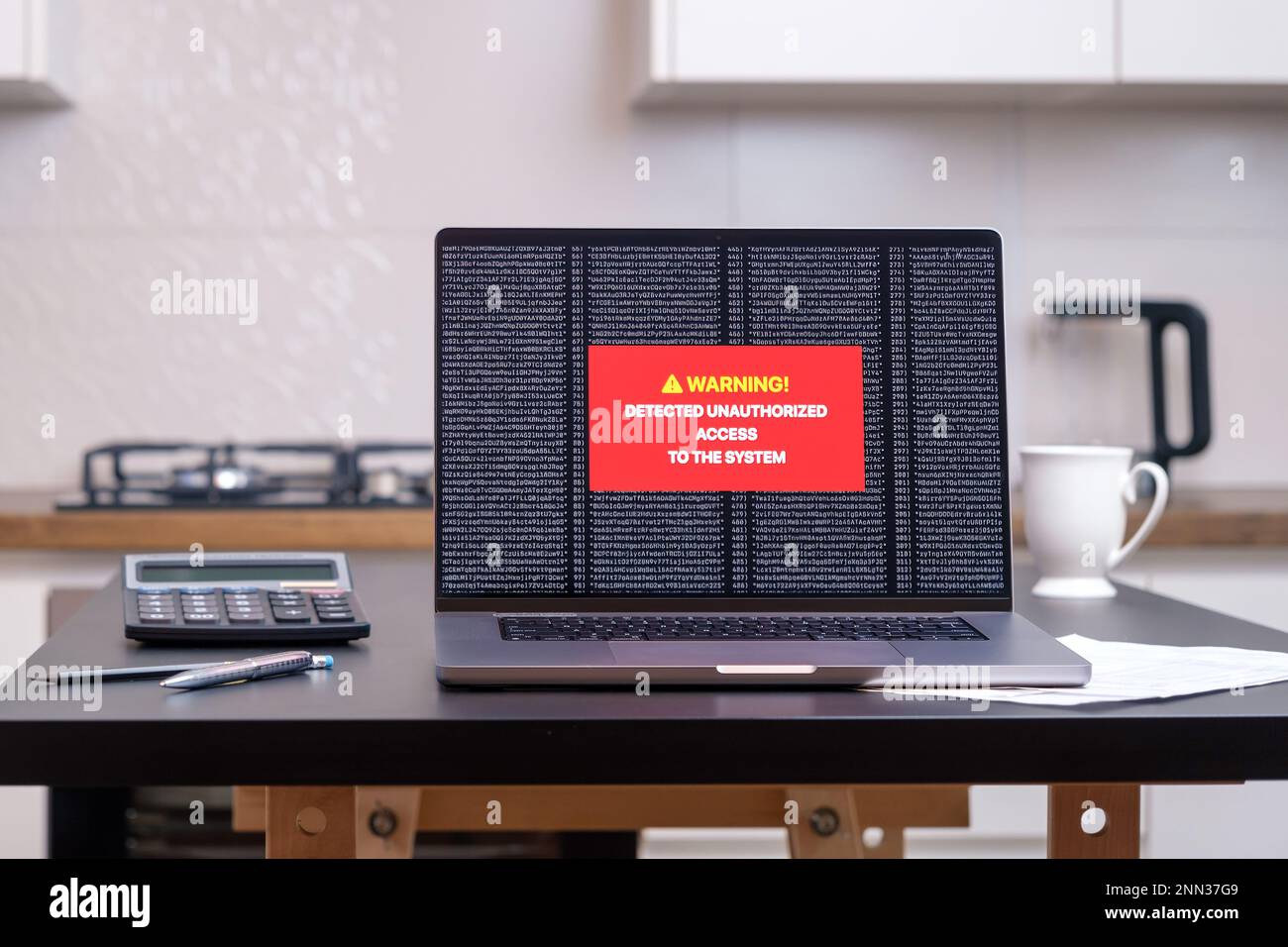 The computer system has been hacked. On the screen warning of unauthorized access Stock Photo ...