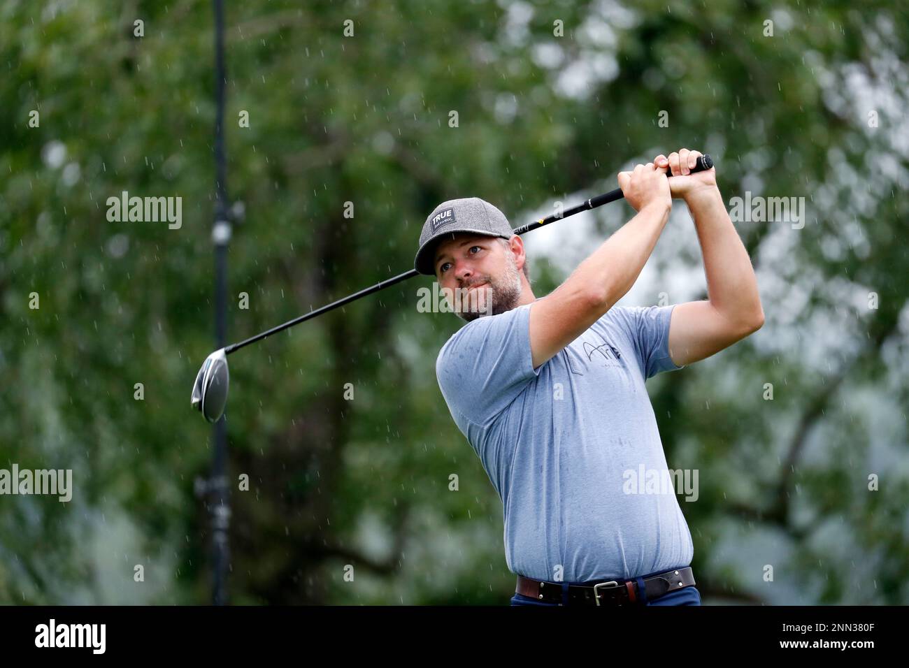 SILVIS, IL - JULY 10: PGA golfer Ryan Moore hits his tee shot on the ...