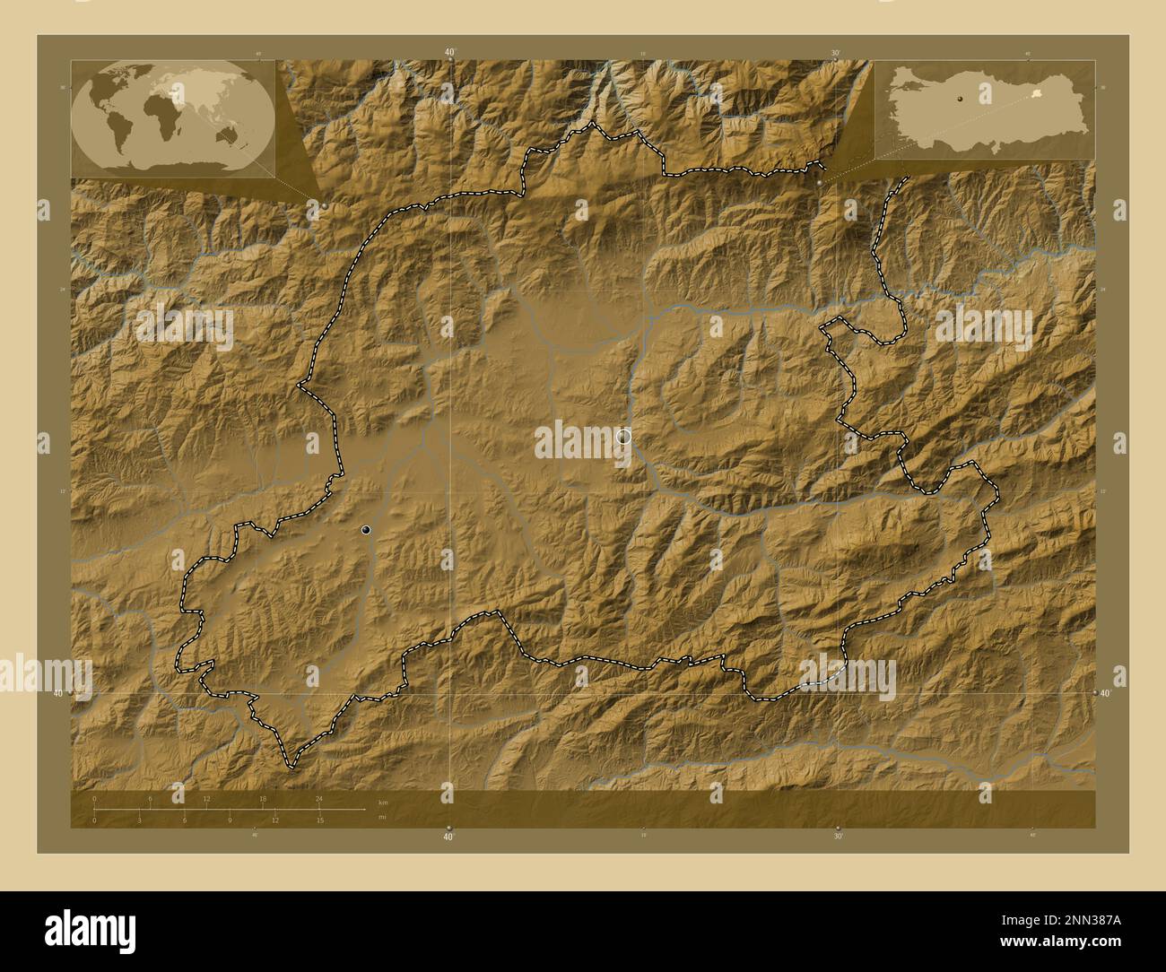 Bayburt, province of Turkiye. Colored elevation map with lakes and ...