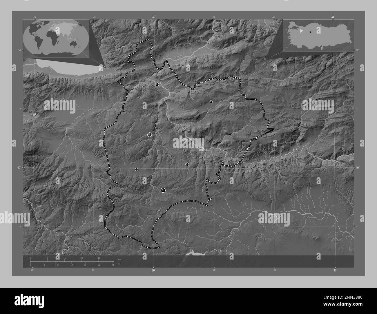 Bilecik, province of Turkiye. Grayscale elevation map with lakes and ...