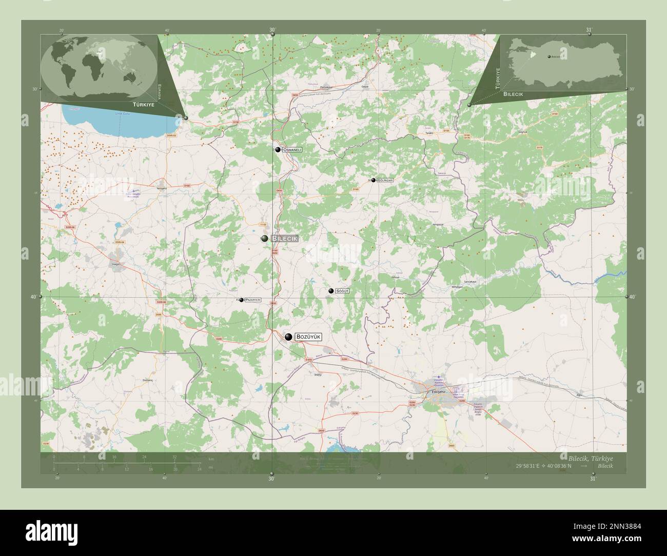 Bilecik, province of Turkiye. Open Street Map. Locations and names of major cities of the region ...