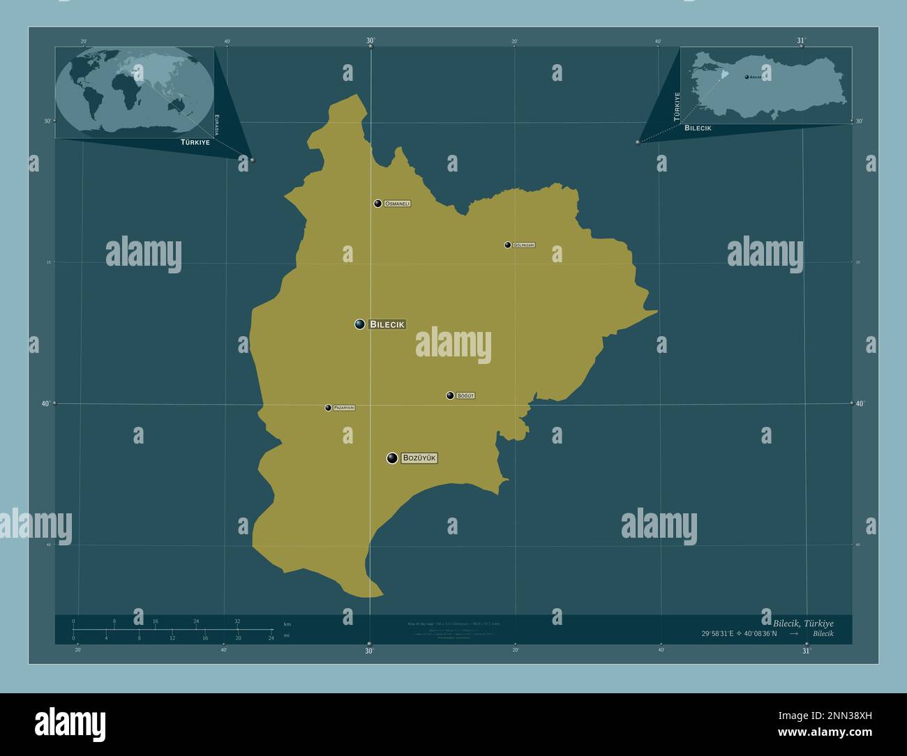 Bilecik, province of Turkiye. Solid color shape. Locations and names of ...
