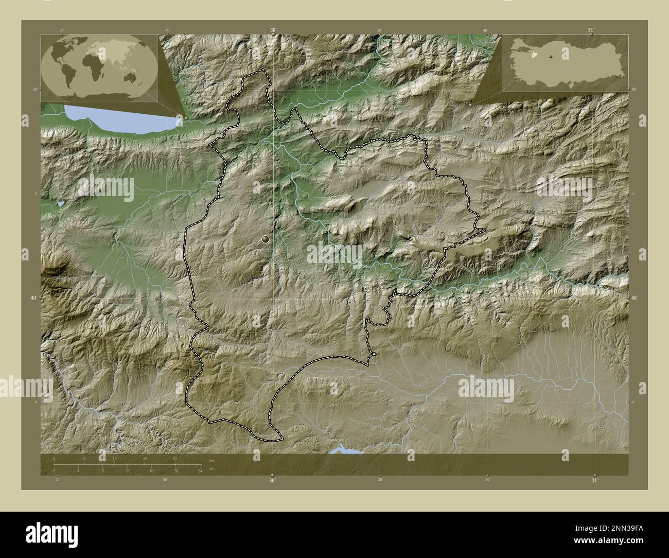 Bilecik, province of Turkiye. Elevation map colored in wiki style with lakes and rivers. Corner ...