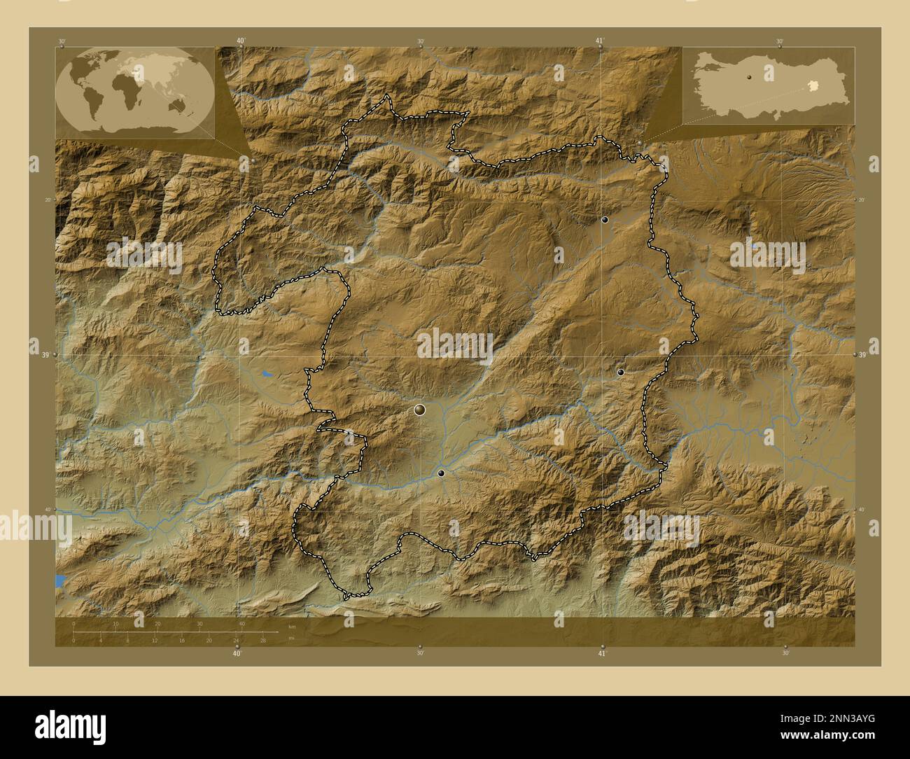 Bingol, province of Turkiye. Colored elevation map with lakes and ...