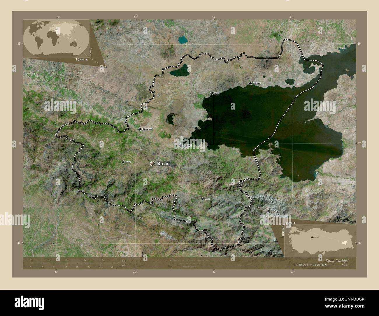 Bitlis, province of Turkiye. High resolution satellite map. Locations ...
