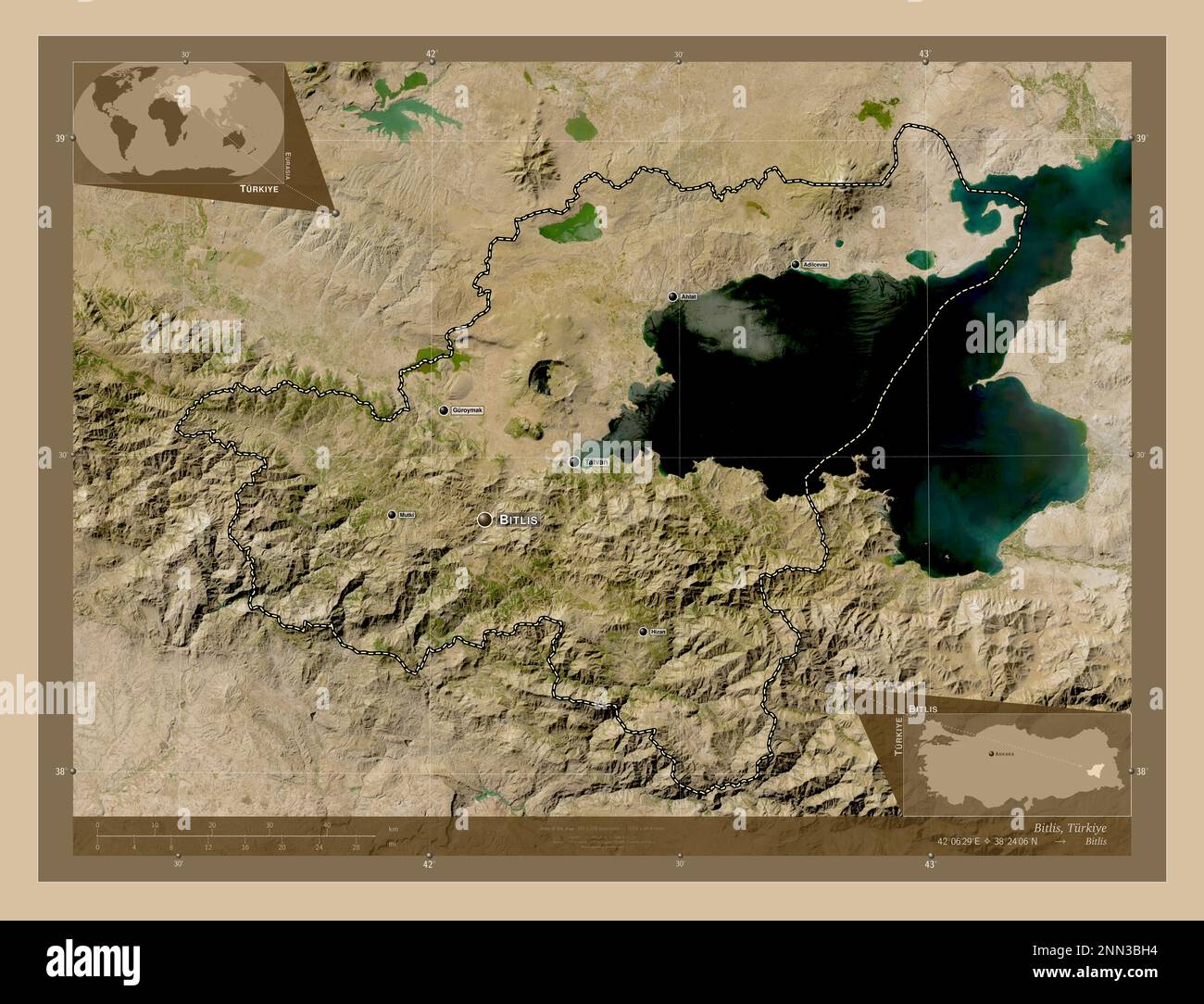 Bitlis, province of Turkiye. Low resolution satellite map. Locations ...
