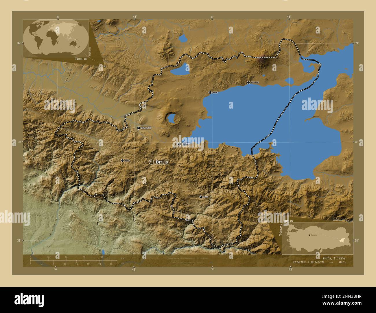 Bitlis, province of Turkiye. Colored elevation map with lakes and ...