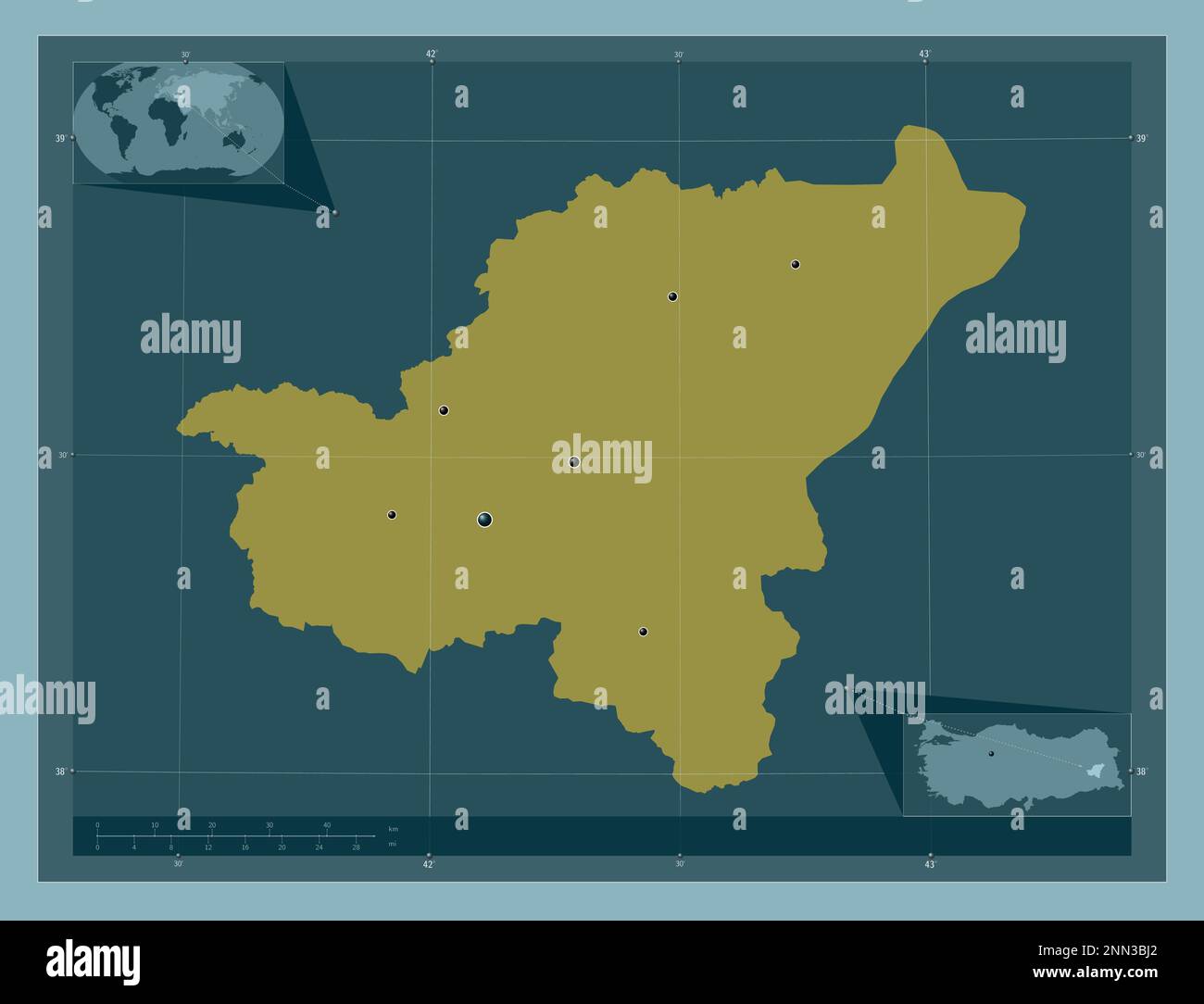 Bitlis, province of Turkiye. Solid color shape. Locations of major ...