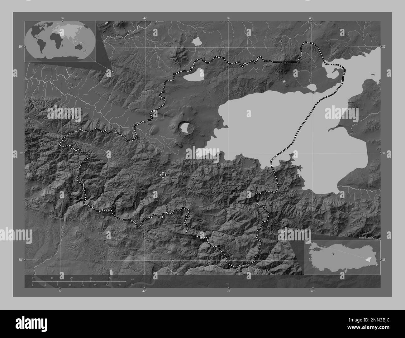 Bitlis, province of Turkiye. Grayscale elevation map with lakes and rivers. Corner auxiliary ...
