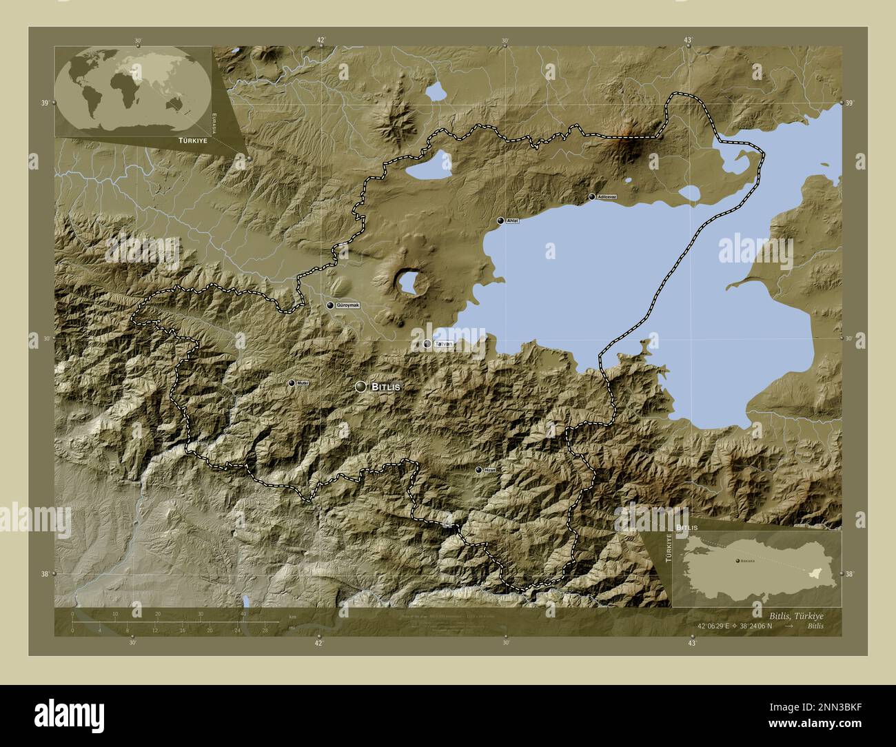 Bitlis, province of Turkiye. Elevation map colored in wiki style with lakes and rivers ...