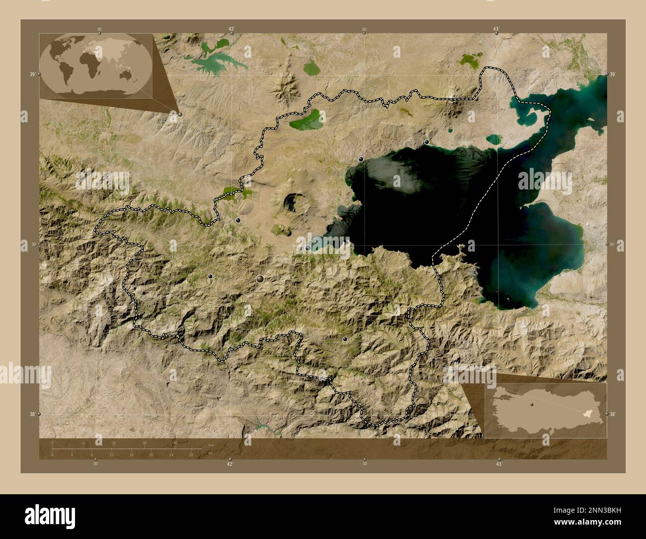 Bitlis, province of Turkiye. Low resolution satellite map. Locations of major cities of the ...