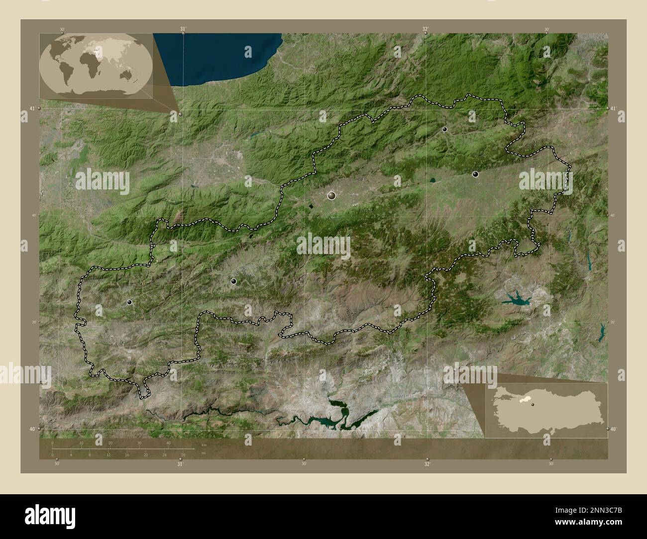 Bolu, province of Turkiye. High resolution satellite map. Locations of ...