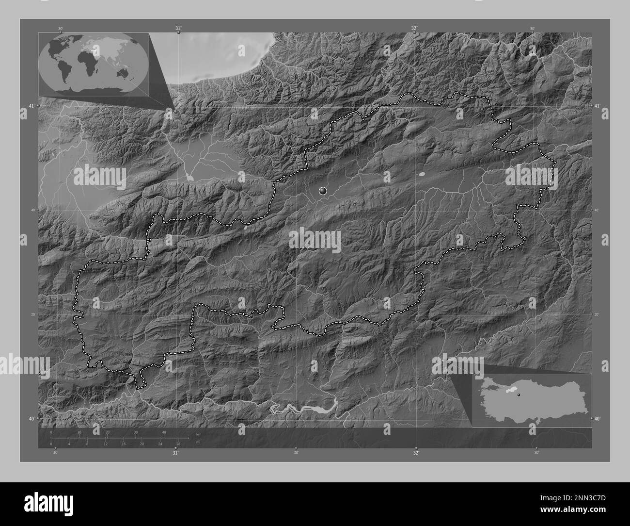 Bolu, province of Turkiye. Grayscale elevation map with lakes and ...